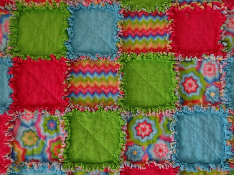Rainbow Stripes & Flower Flannel Rag Quilt 41"x65" Pink Light Blue Lime ...