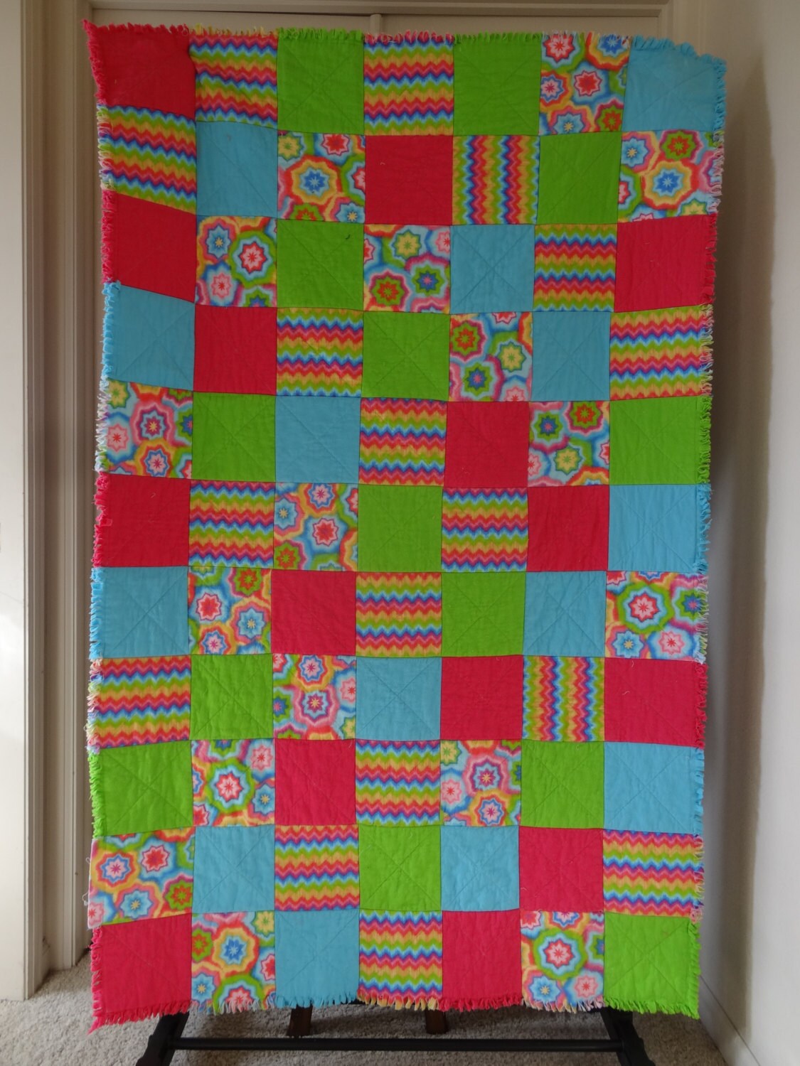 Rainbow Stripes & Flower Flannel Rag Quilt 41"x65" Pink Light Blue Lime ...