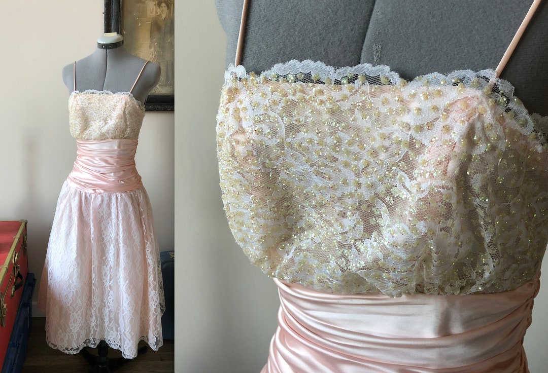 1980s Pink Lace and Glitter Midi Prom Dress, Poofy Light Pink Prom ...