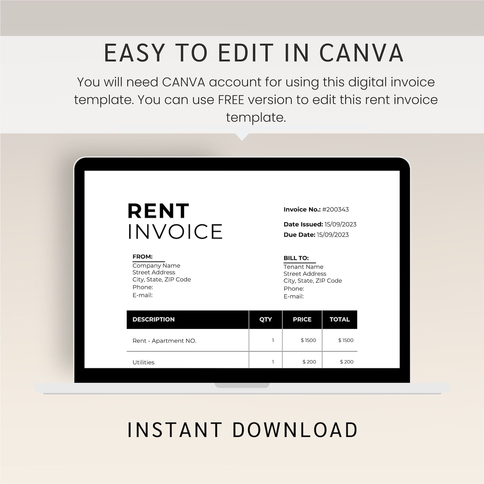 Rent Invoice Template Editable, Printatable Blank Invoice Template for ...