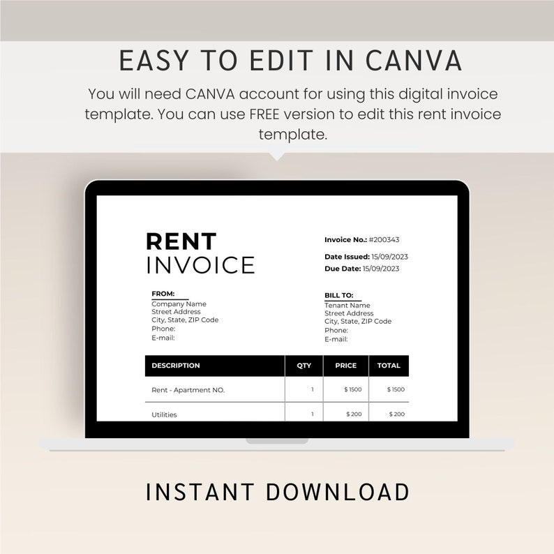 Rent Invoice Template Editable, Printatable Blank Invoice Template for ...