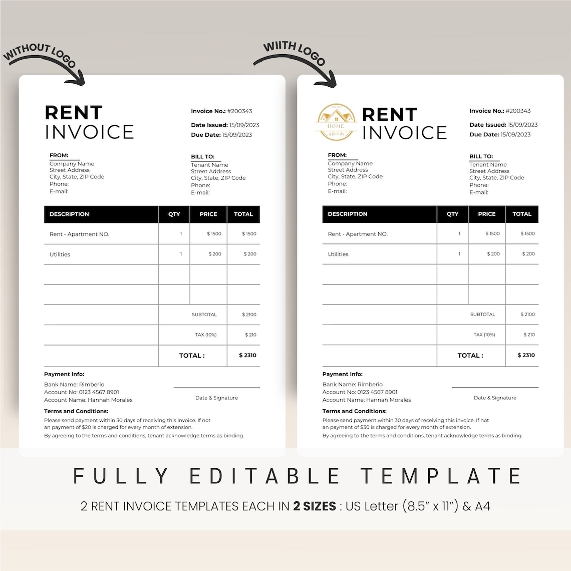 Rent Invoice Template Editable, Printatable Blank Invoice Template for ...