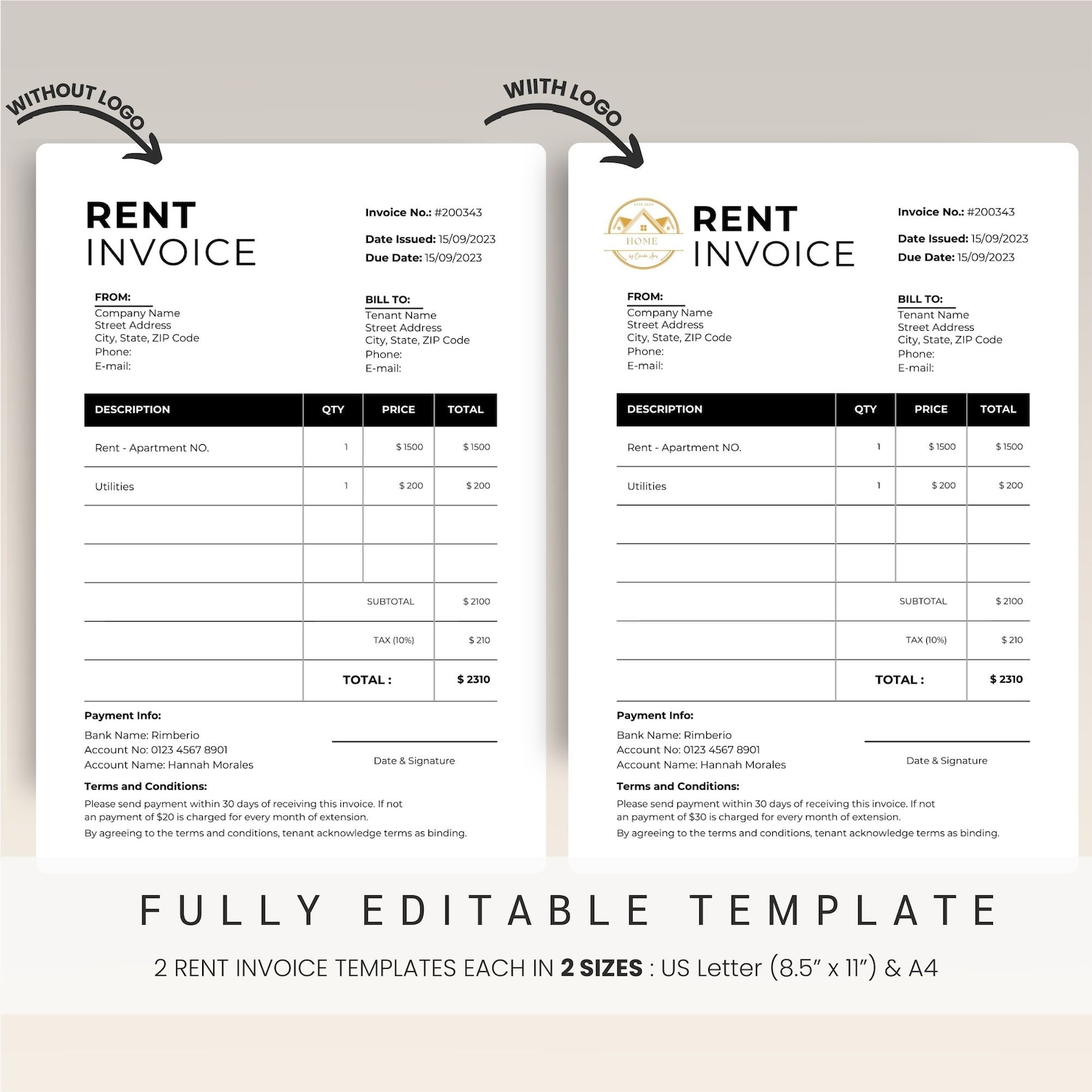 Rent Invoice Template Editable, Printatable Blank Invoice Template for ...