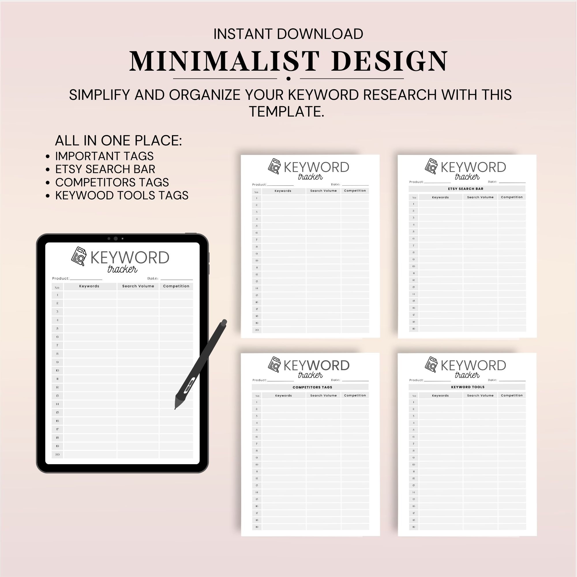 Printable Etsy Keyword List, Fillable Minimalist Keyword Tracker ...