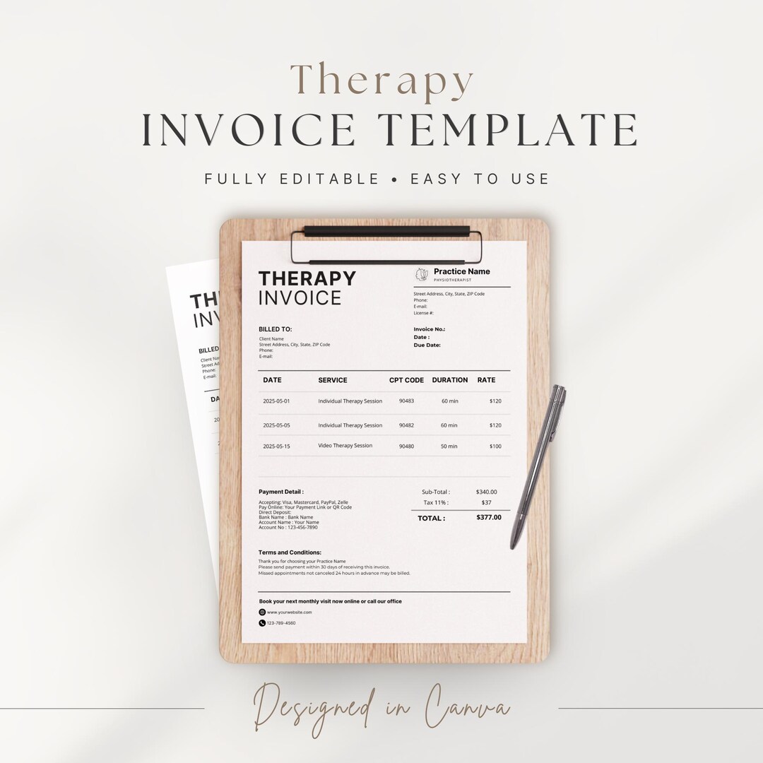 Invoice Template for Therapy | Editable Canva Template for Private ...