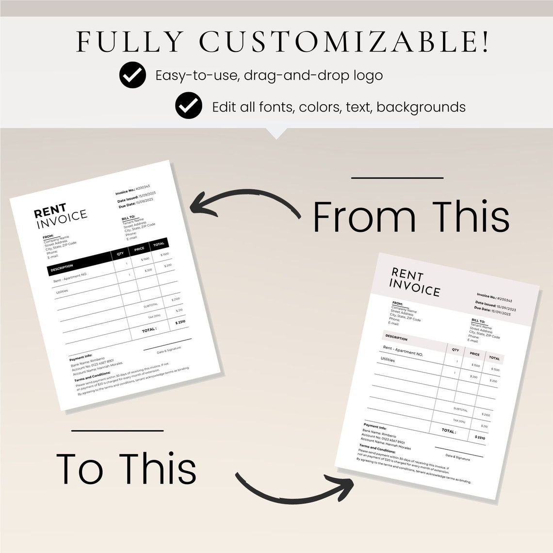 Rent Invoice Template Editable, Printatable Blank Invoice Template for ...