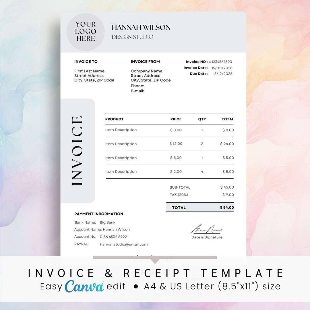 Downloadable Invoice Template, Customizable Invoice & Receipt Template ...