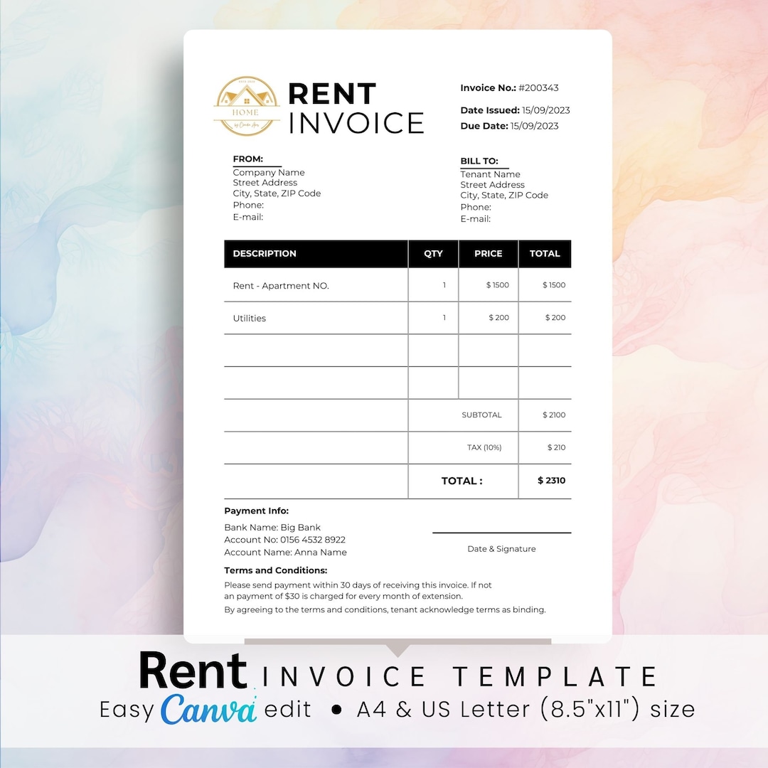 Rent Invoice Template Editable, Printatable Blank Invoice Template for ...
