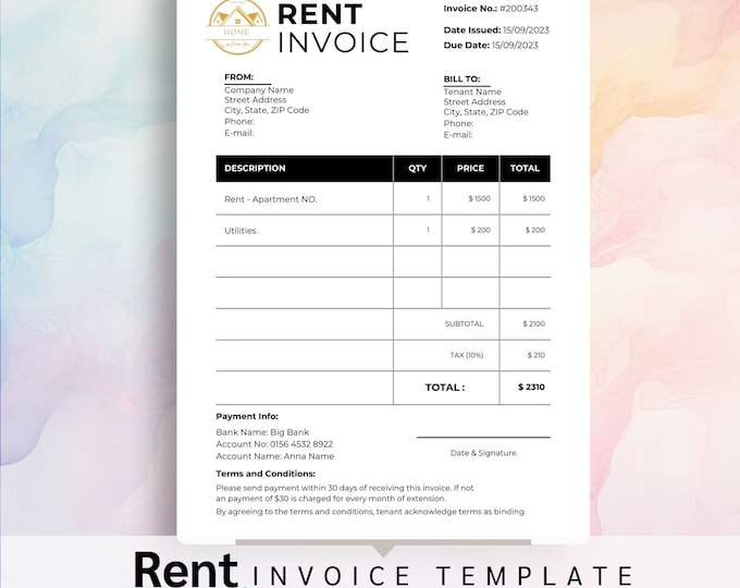 Rent Invoice Template Editable, Printatable Blank Invoice Template for ...