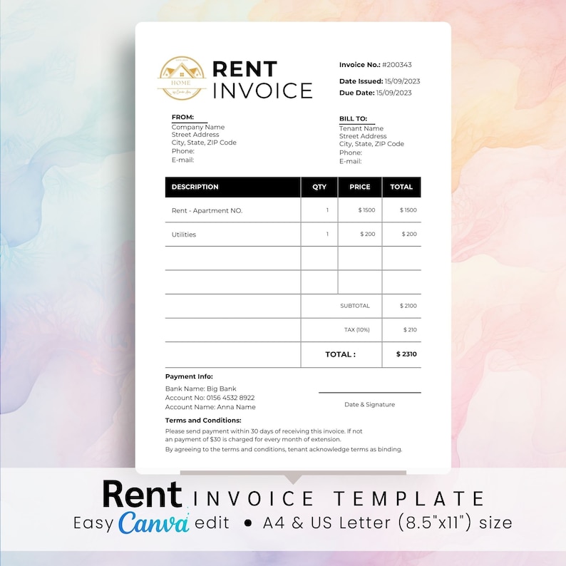 Rent Invoice Template Editable, Printatable Blank Invoice Template for ...