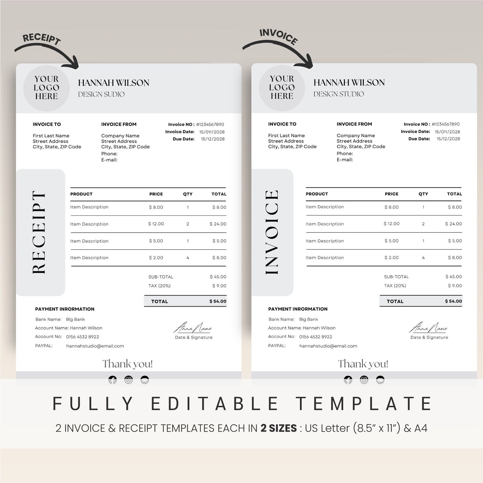 Downloadable Invoice Template, Customizable Invoice & Receipt Template ...