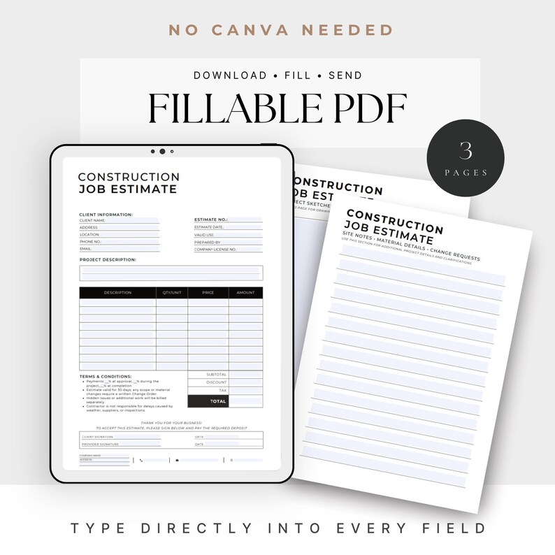 Construction Job Estimate Template | Editable Canva and Fillable PDF ...
