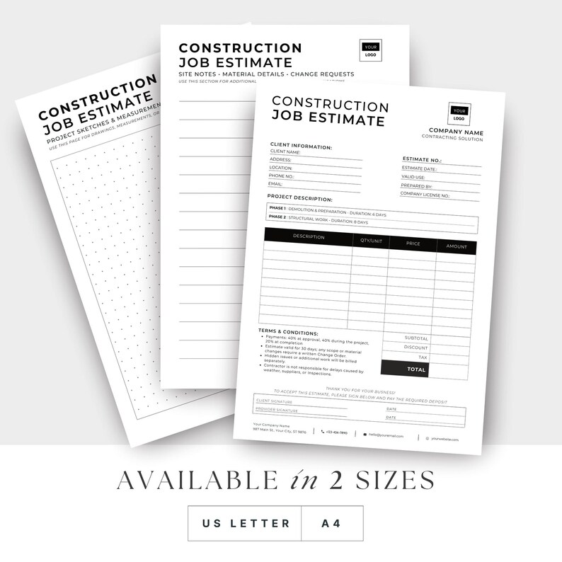Construction Job Estimate Template | Editable Canva and Fillable PDF ...