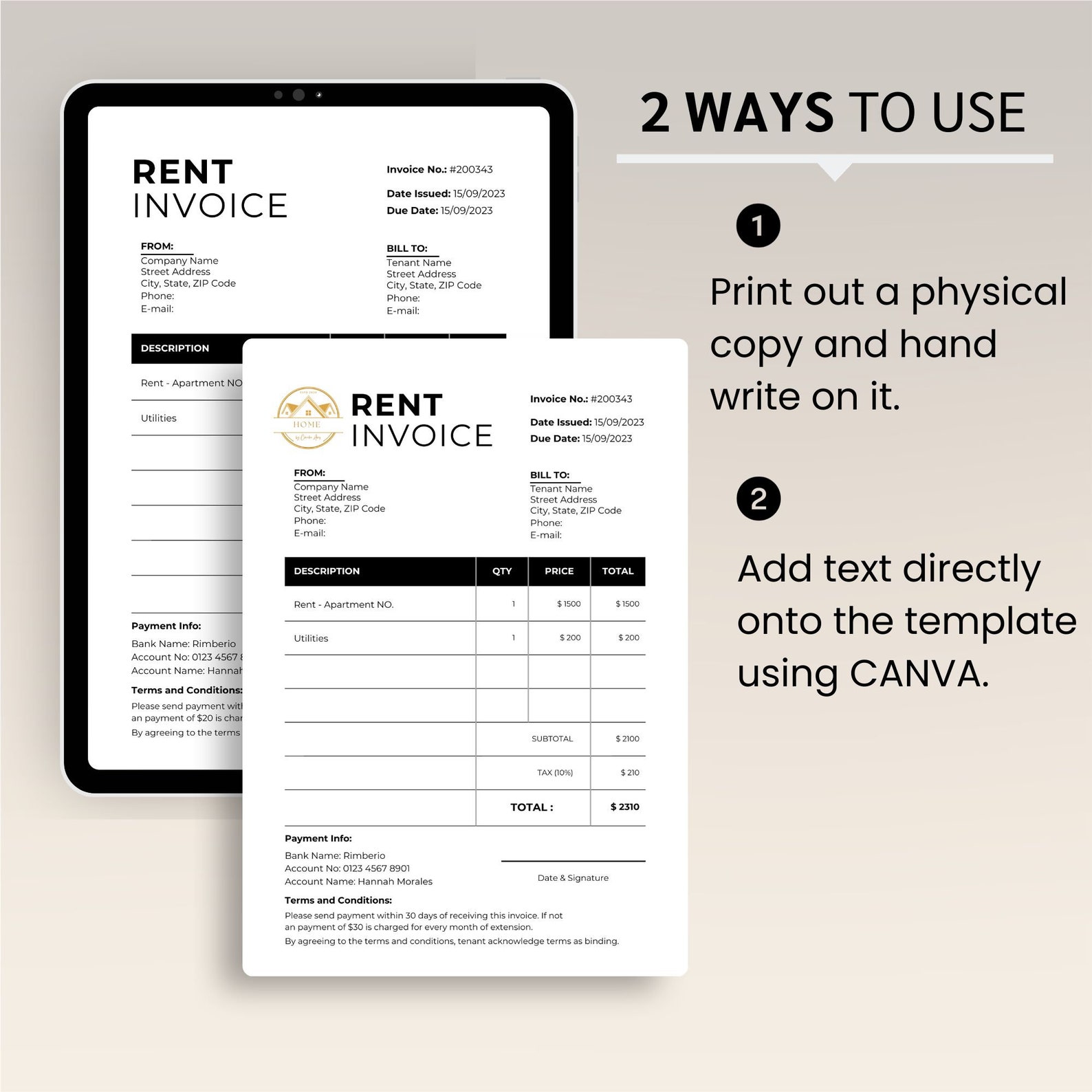 Rent Invoice Template Editable, Printatable Blank Invoice Template for ...