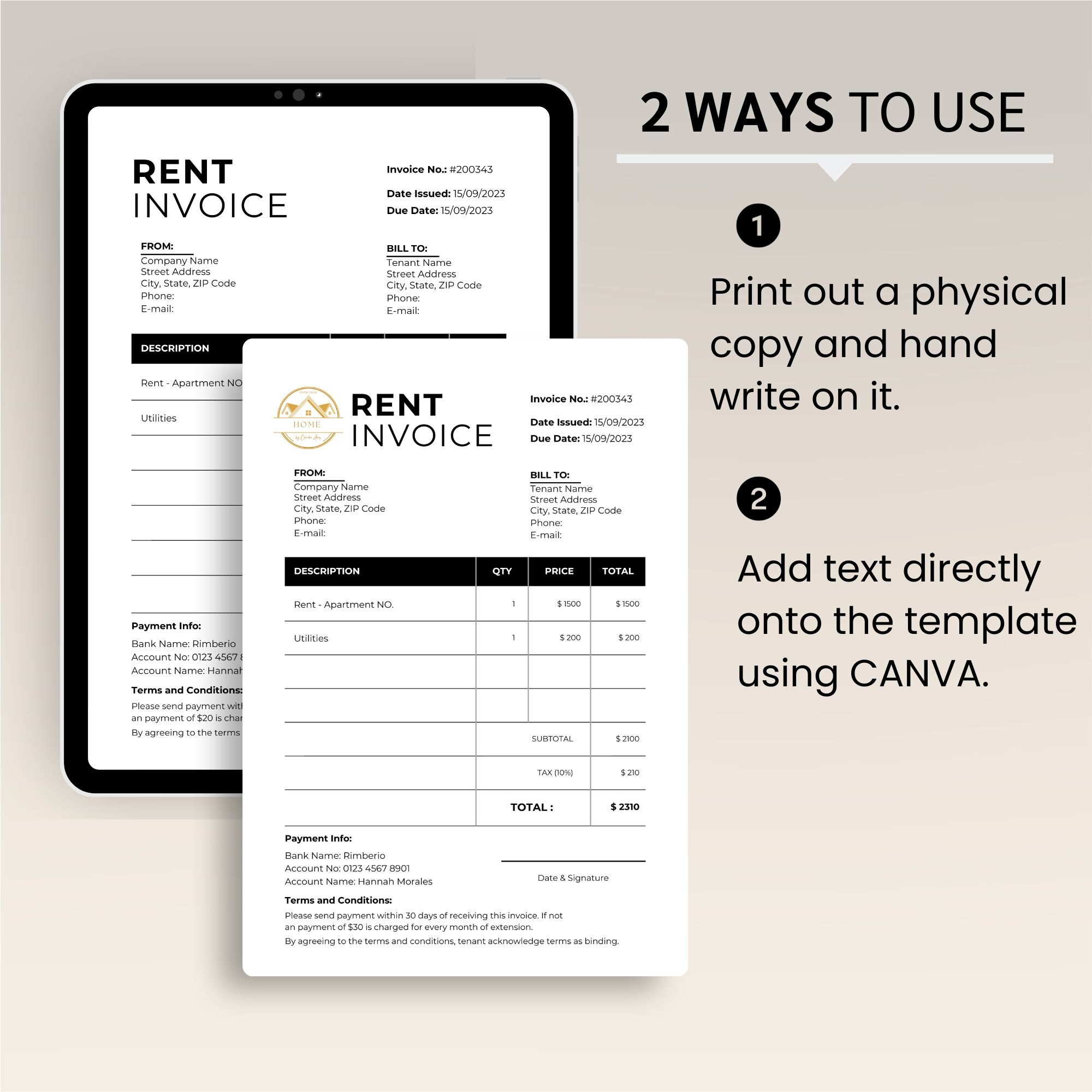 Rent Invoice Template Editable, Printatable Blank Invoice Template for ...