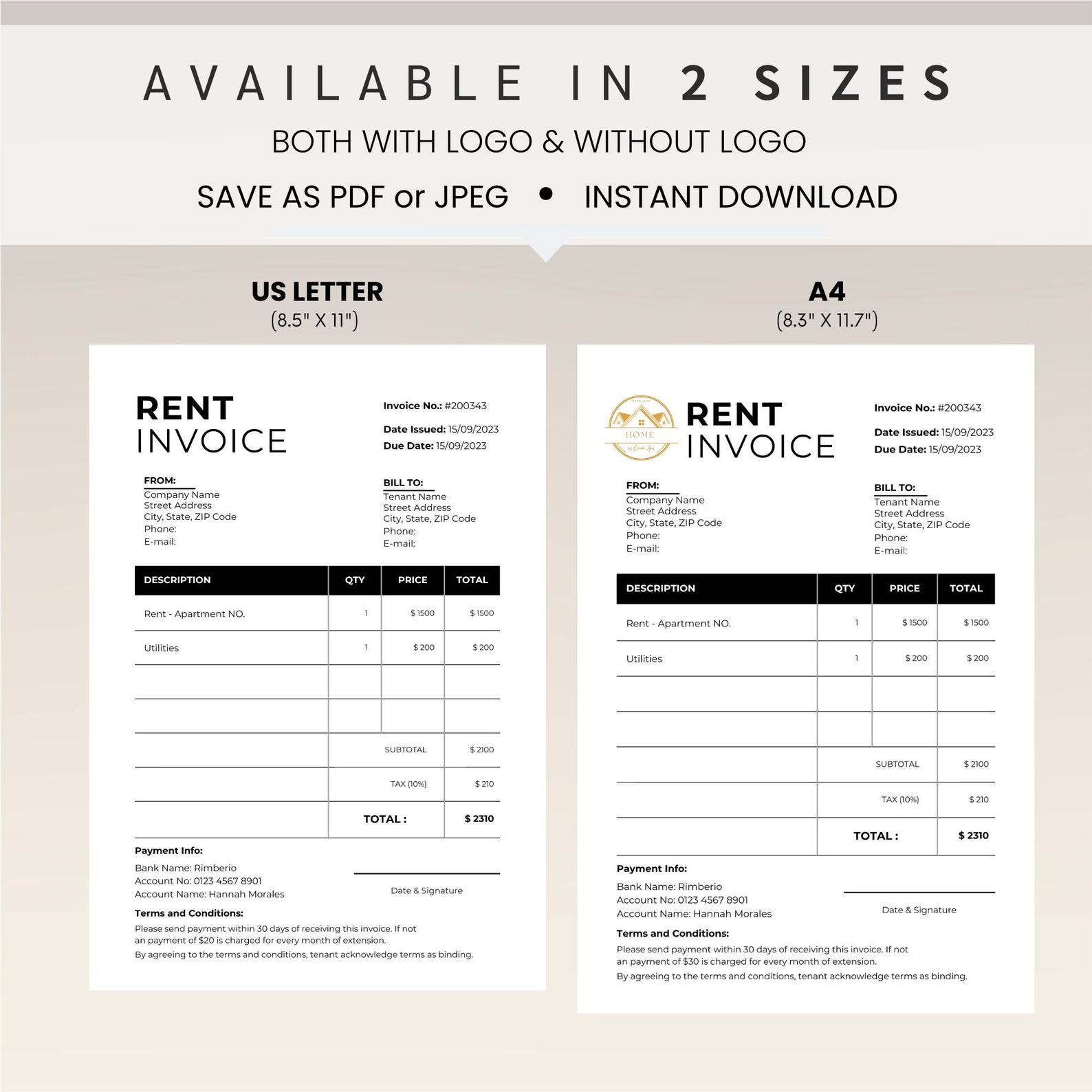 Rent Invoice Template Editable, Printatable Blank Invoice Template for ...