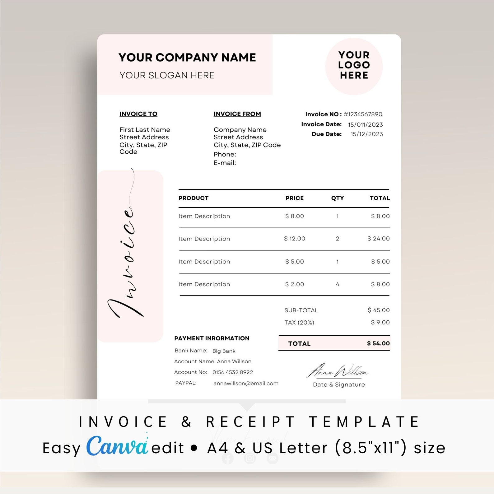 Invoice Template Editable Pink, Minimalist Receipt Template, Printable ...
