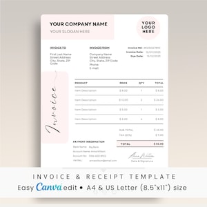Invoice Template Editable Pink, Minimalist Receipt Template, Printable ...