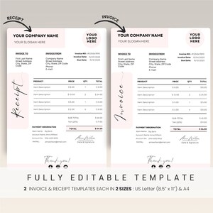 Invoice Template Editable Pink, Minimalist Receipt Template, Printable ...