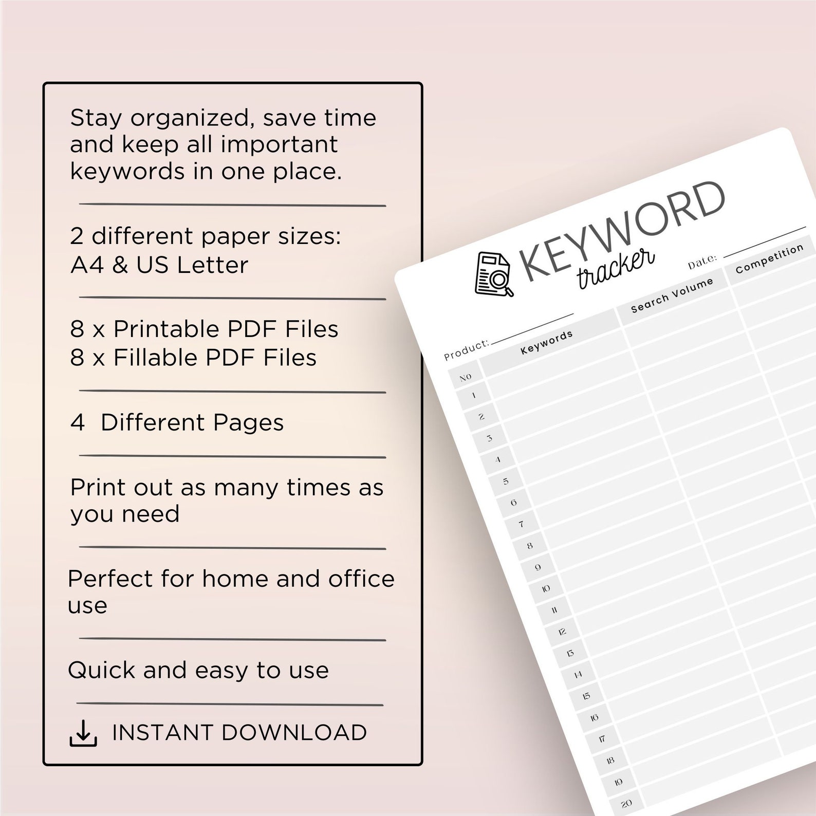 Printable Etsy Keyword List, Fillable Minimalist Keyword Tracker ...