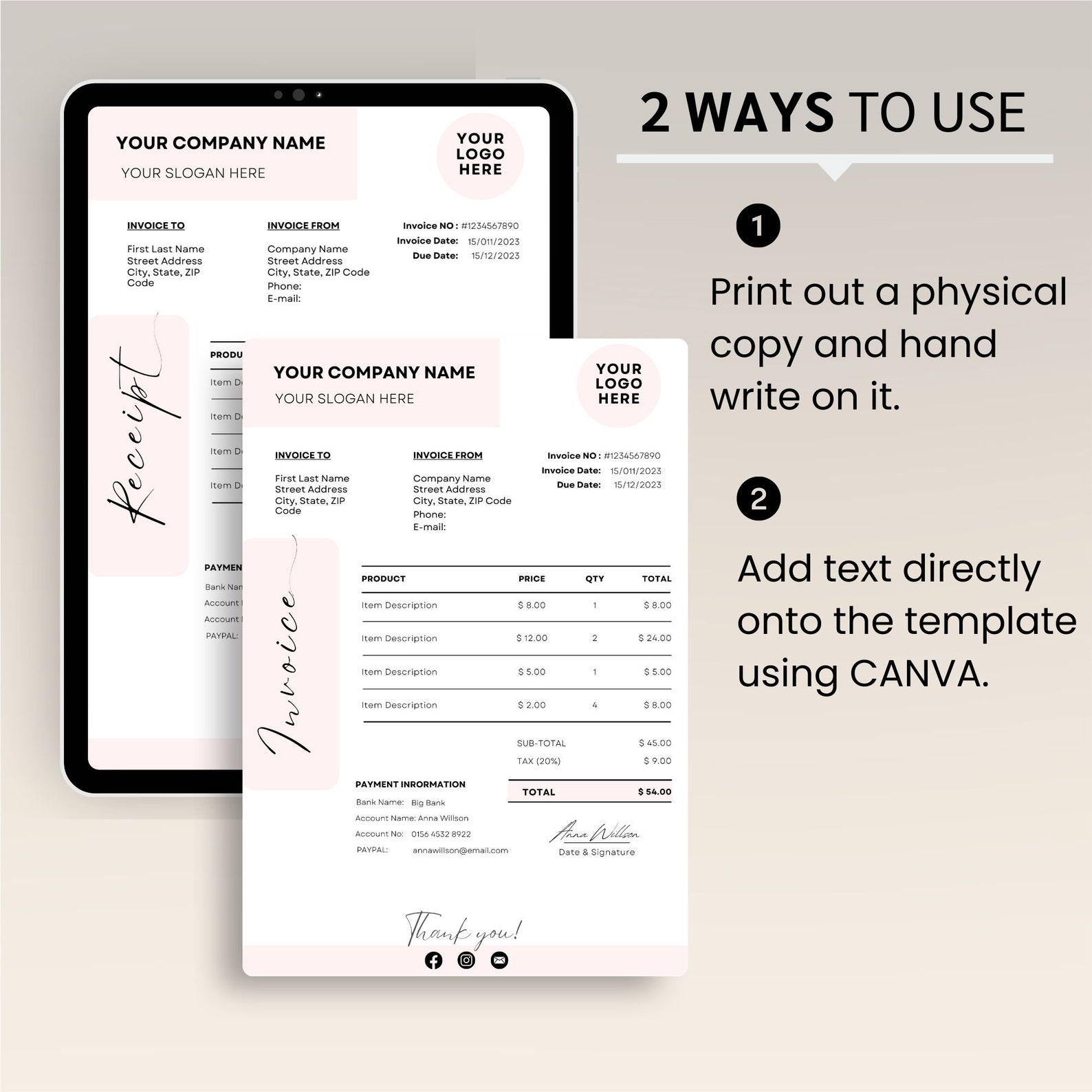 Invoice Template Editable Pink, Minimalist Receipt Template, Printable ...