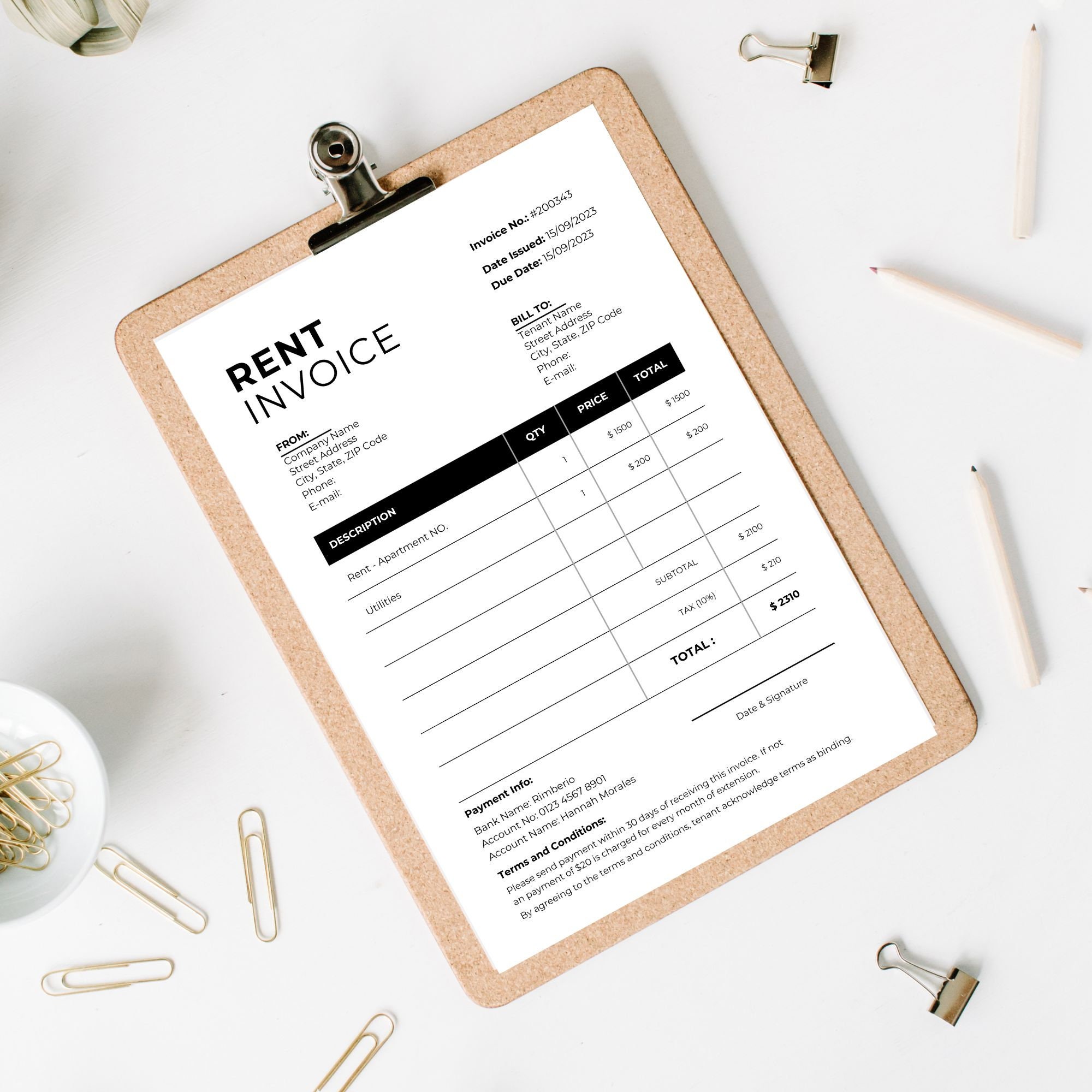 Rent Invoice Template Editable, Printatable Blank Invoice Template for ...