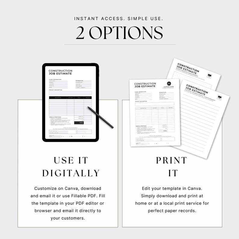 Construction Job Estimate Template | Editable Canva and Fillable PDF ...