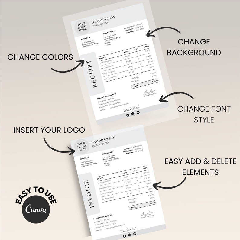 Downloadable Invoice Template, Customizable Invoice & Receipt Template ...