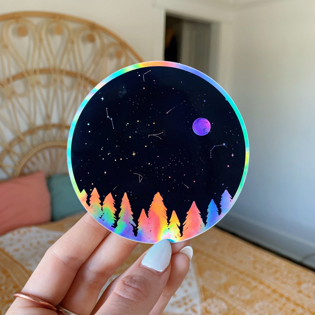 3.6" Holographic Night Sky Sticker | Watercolor | Moon | Stars | Forest ...