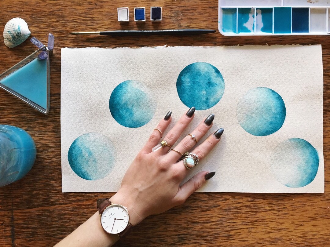 Oceanic Blue Moon | Watercolor | Moon Art | Moon Phases - Etsy
