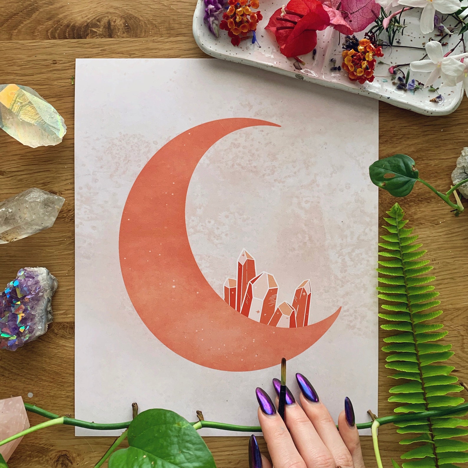 Peach Phase | Watercolor | Moon | Crescent | Crystals - Etsy