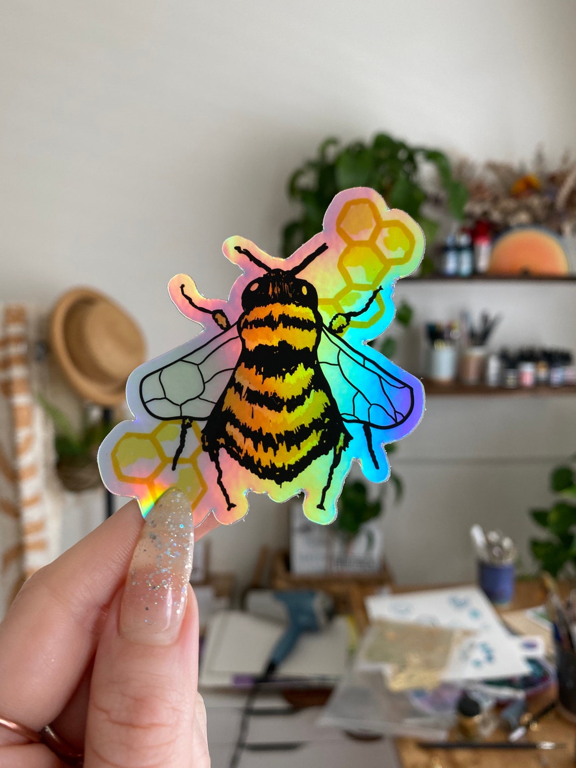 Holographic Bee & Honeycomb Sticker Honey Bee | Etsy