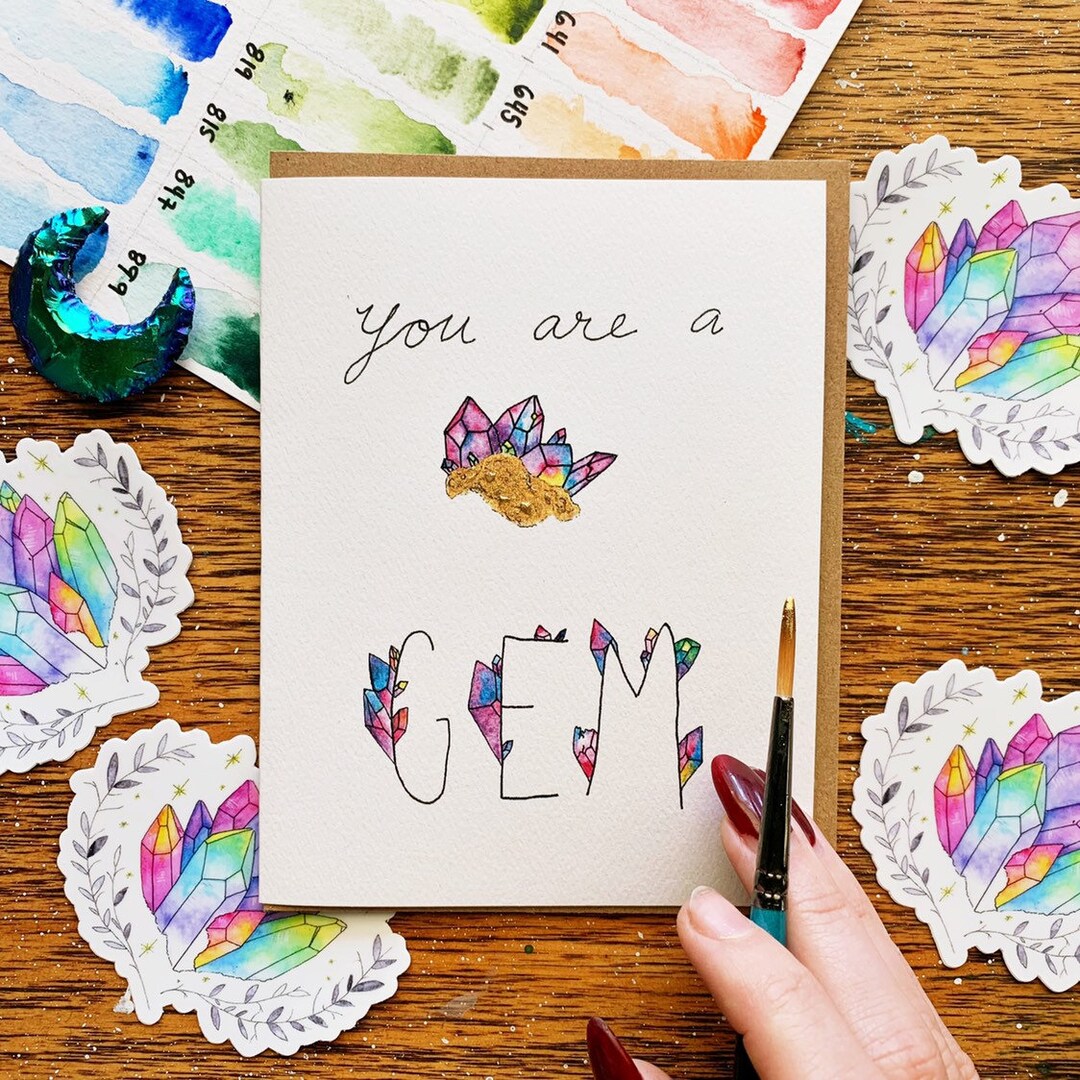 You Are A Gem Greeting Card Watercolor Crystal - Etsy