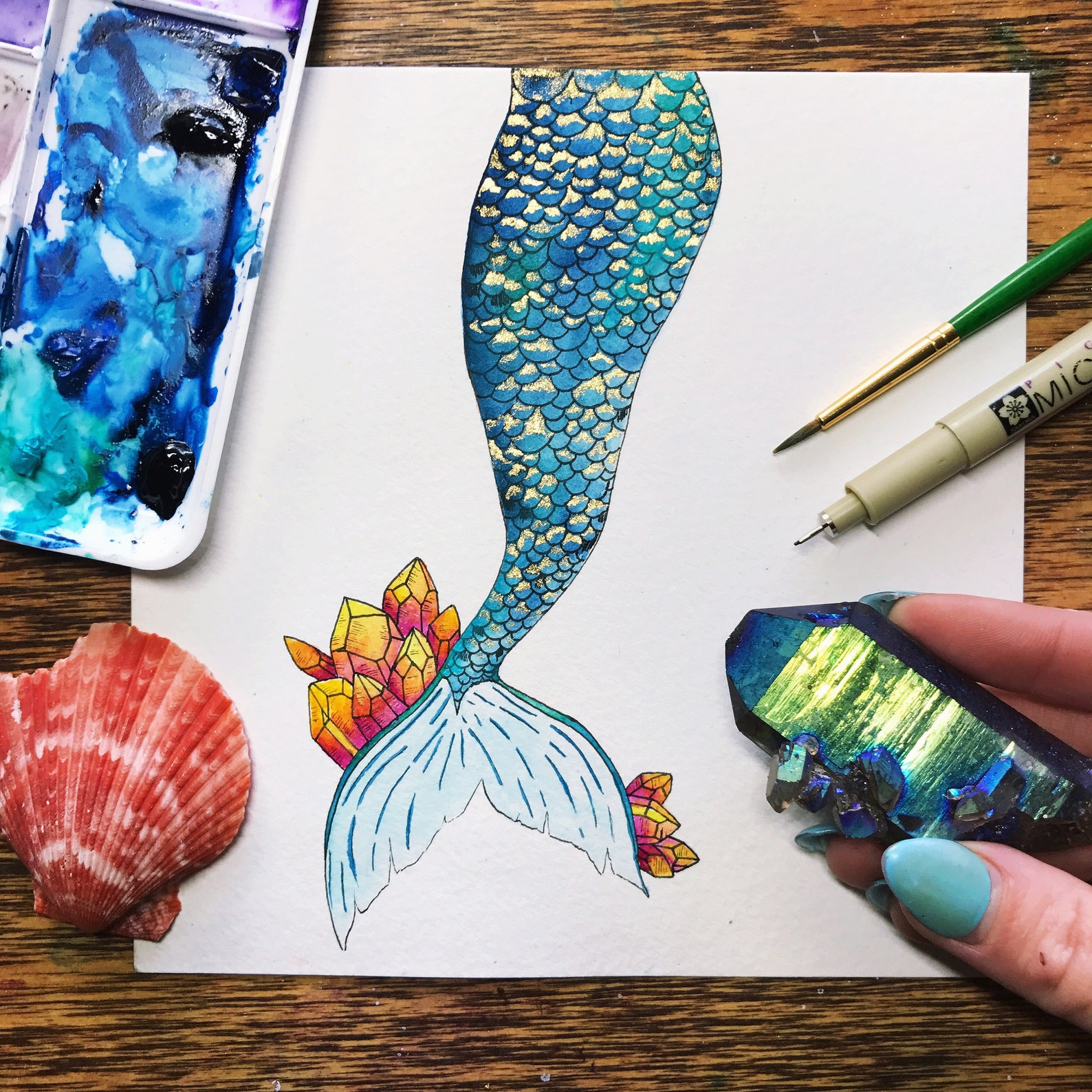 Mermaid of Gold Watercolor Painting Crystals Magic | Etsy