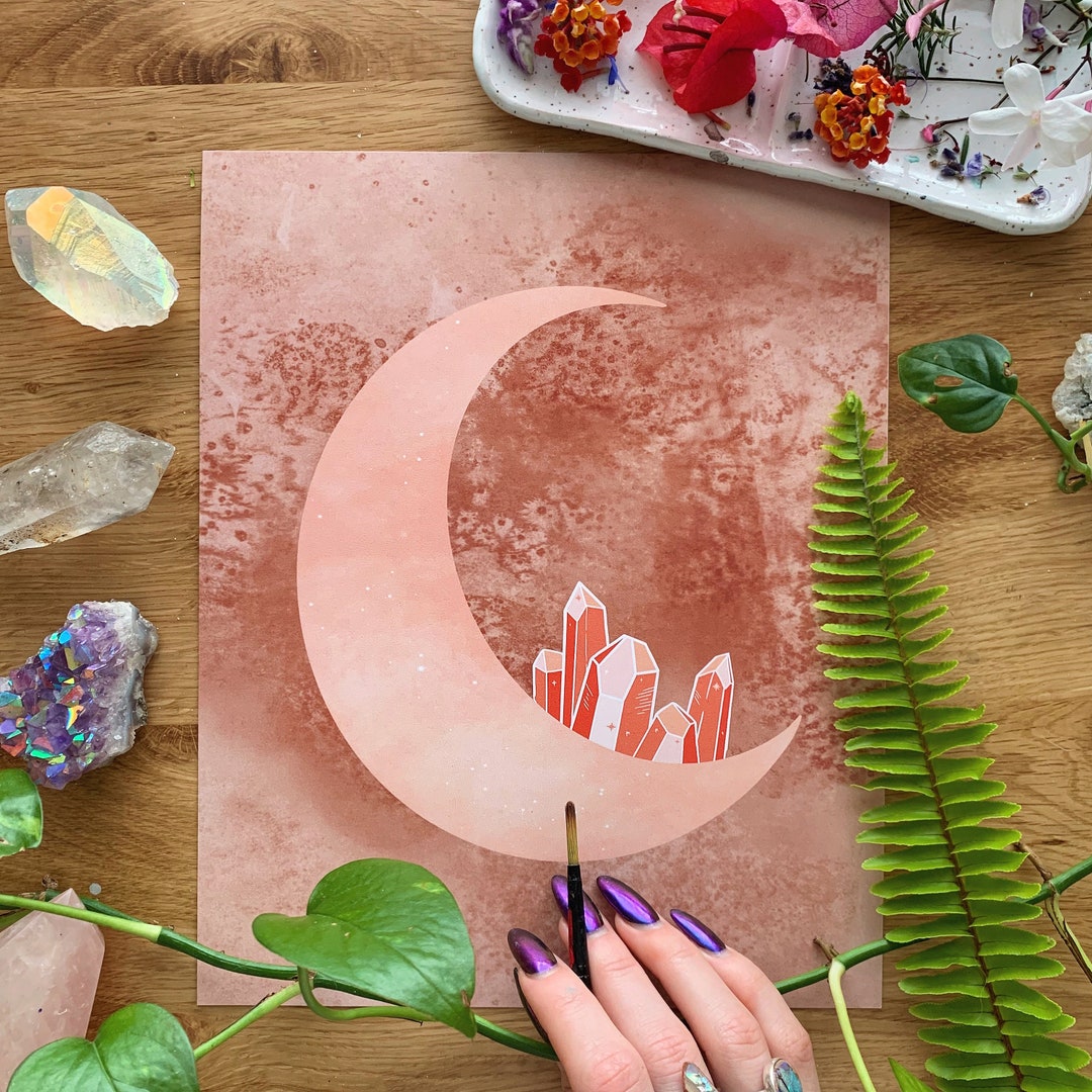 Peach Phase | Watercolor | Moon | Crescent | Crystals - Etsy
