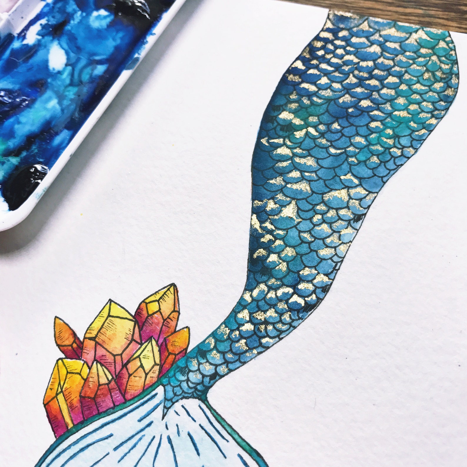 Mermaid of Gold Watercolor Painting Crystals Magic | Etsy