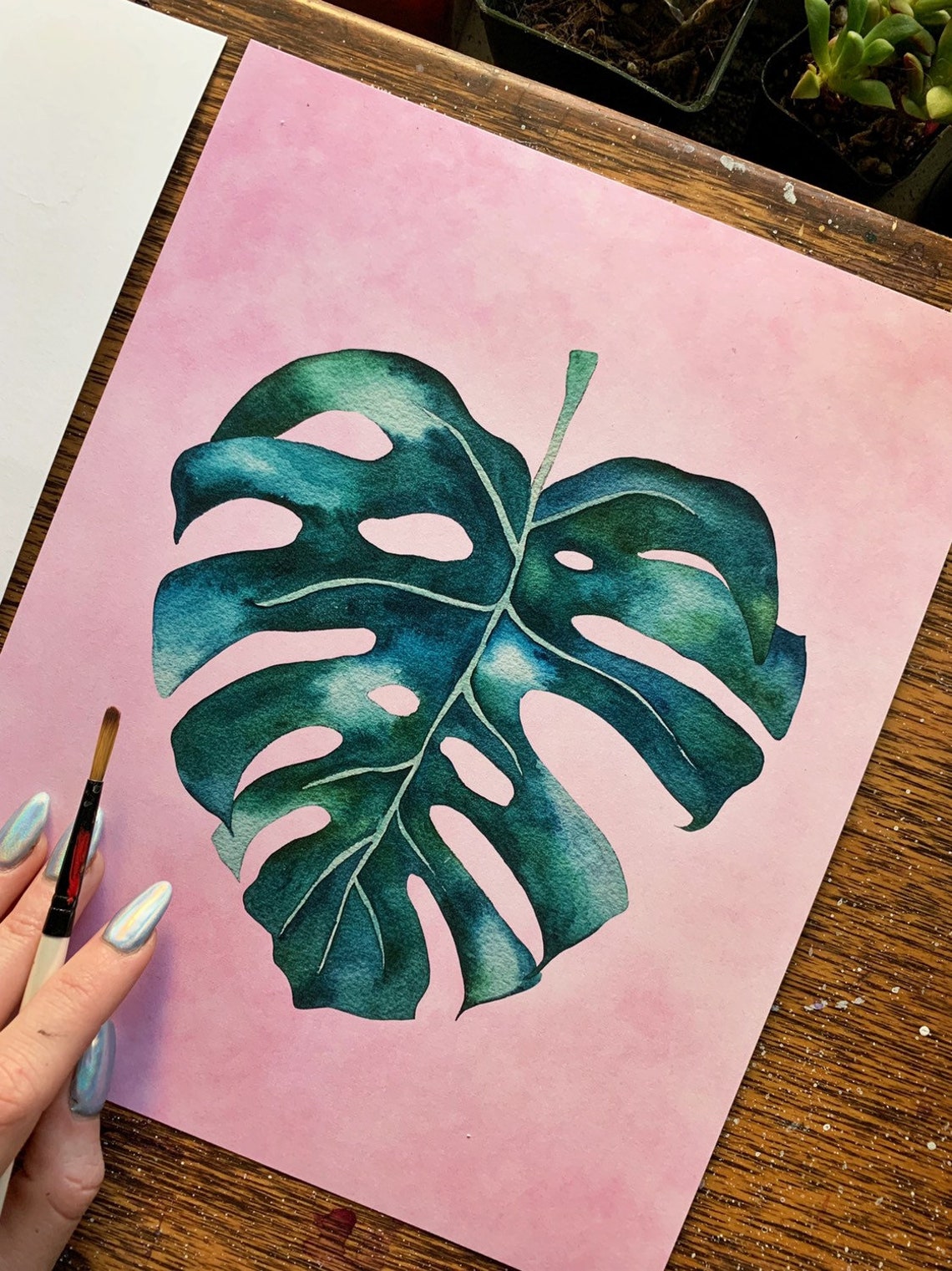 Monstera | Watercolor | Choice of Pink or White Background | Plant ...