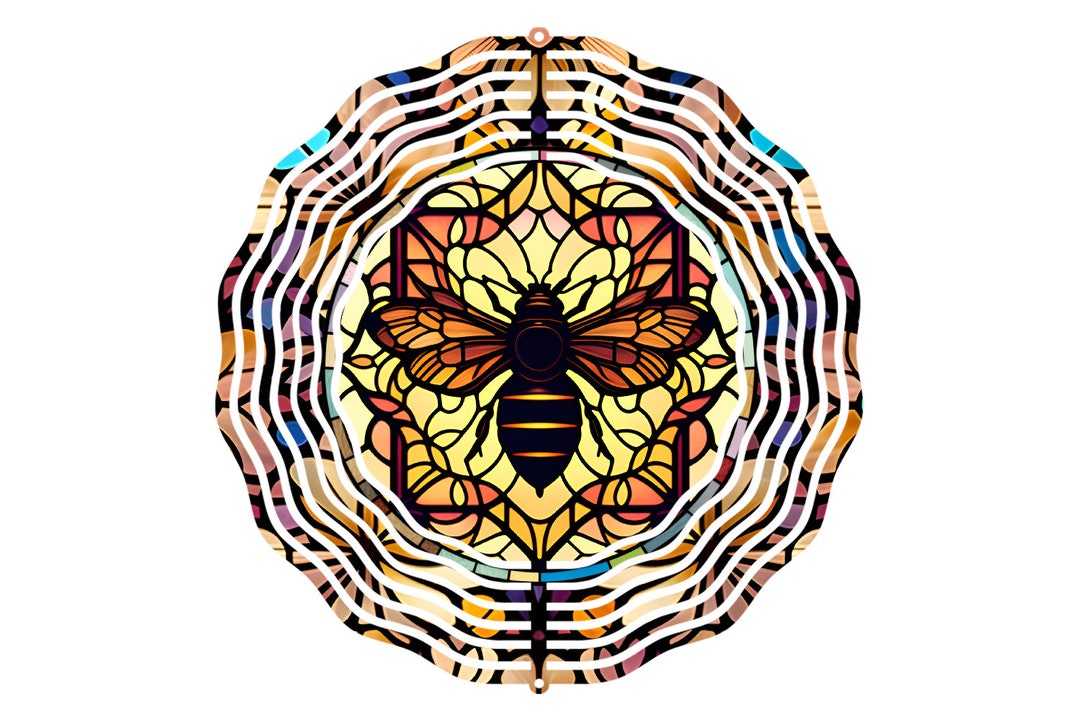 Honey BEE WIND SPINNER 8-inch Round Stained Glass Image Metal Spinning ...