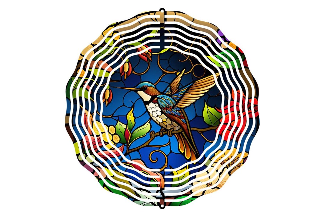 HUMMINGBIRD Round Wind Spinner Stained Glass Image for Yard Patio Porch ...