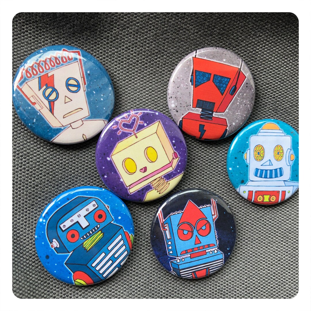 Retro Robots Badges Choose From 6 Designs // Pinback Badges / Button ...