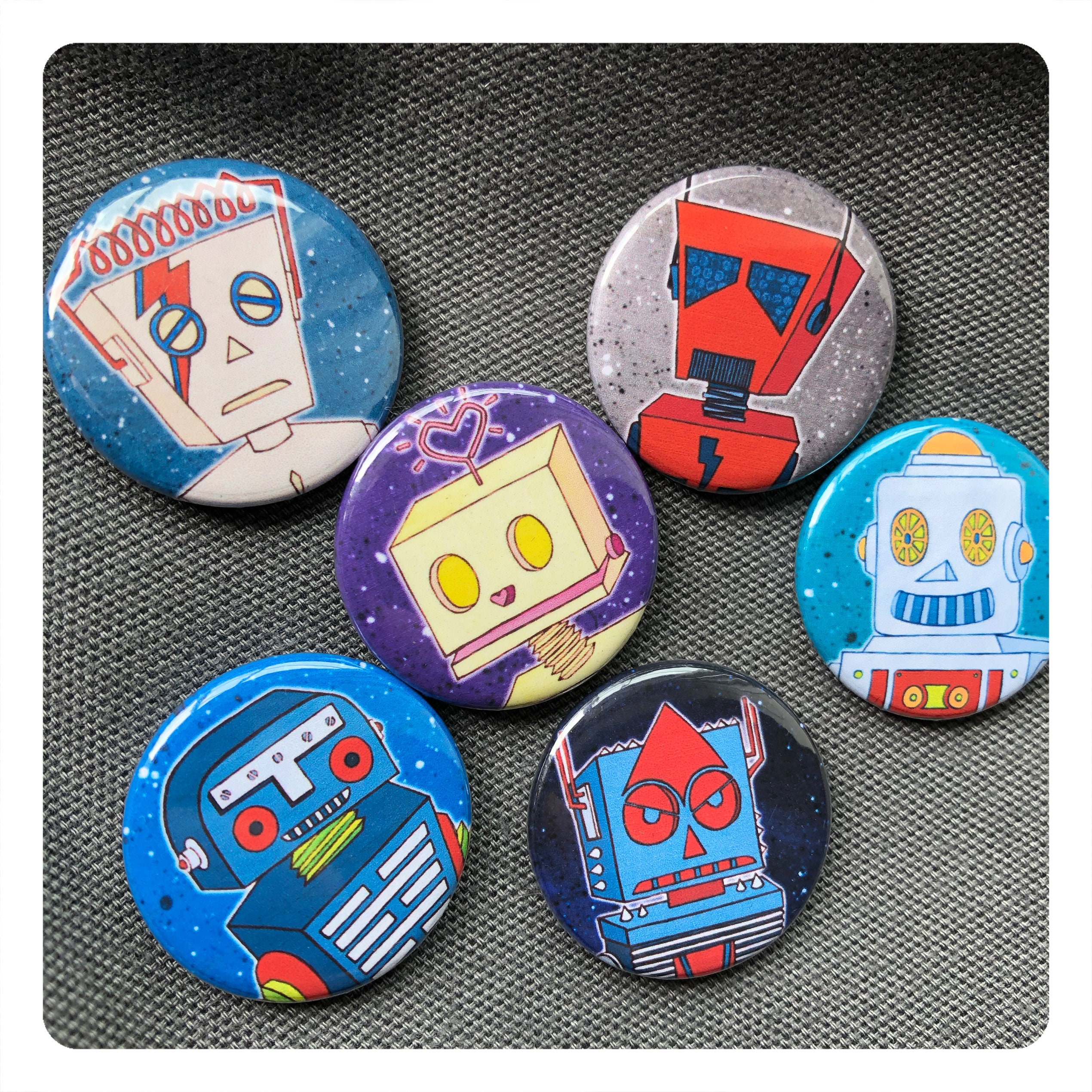 Retro Robots badges choose from 6 designs // pinback badges / button ...
