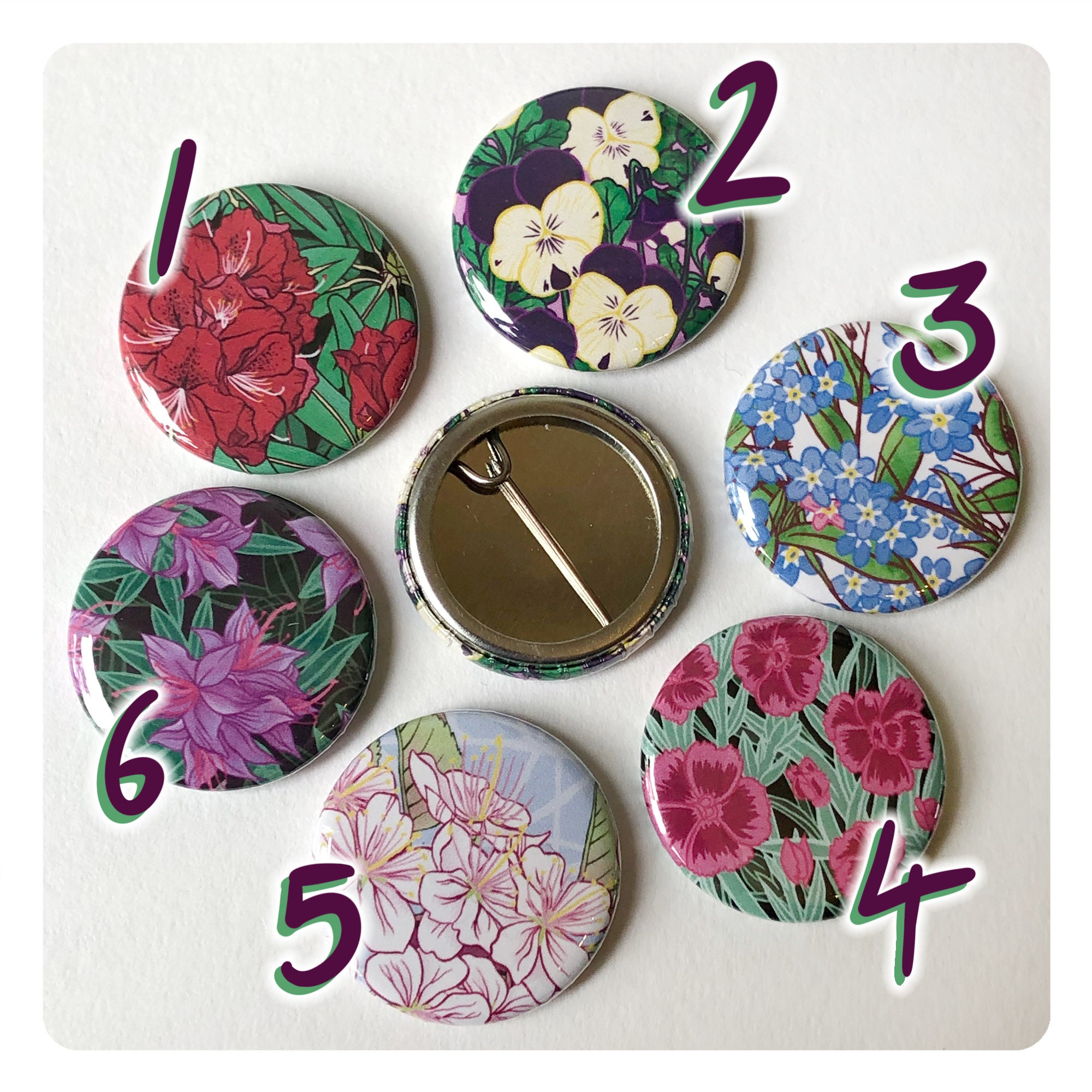 Flower Badges / Pinback Buttons 6 Designs // Flower Gift / Flower Art ...