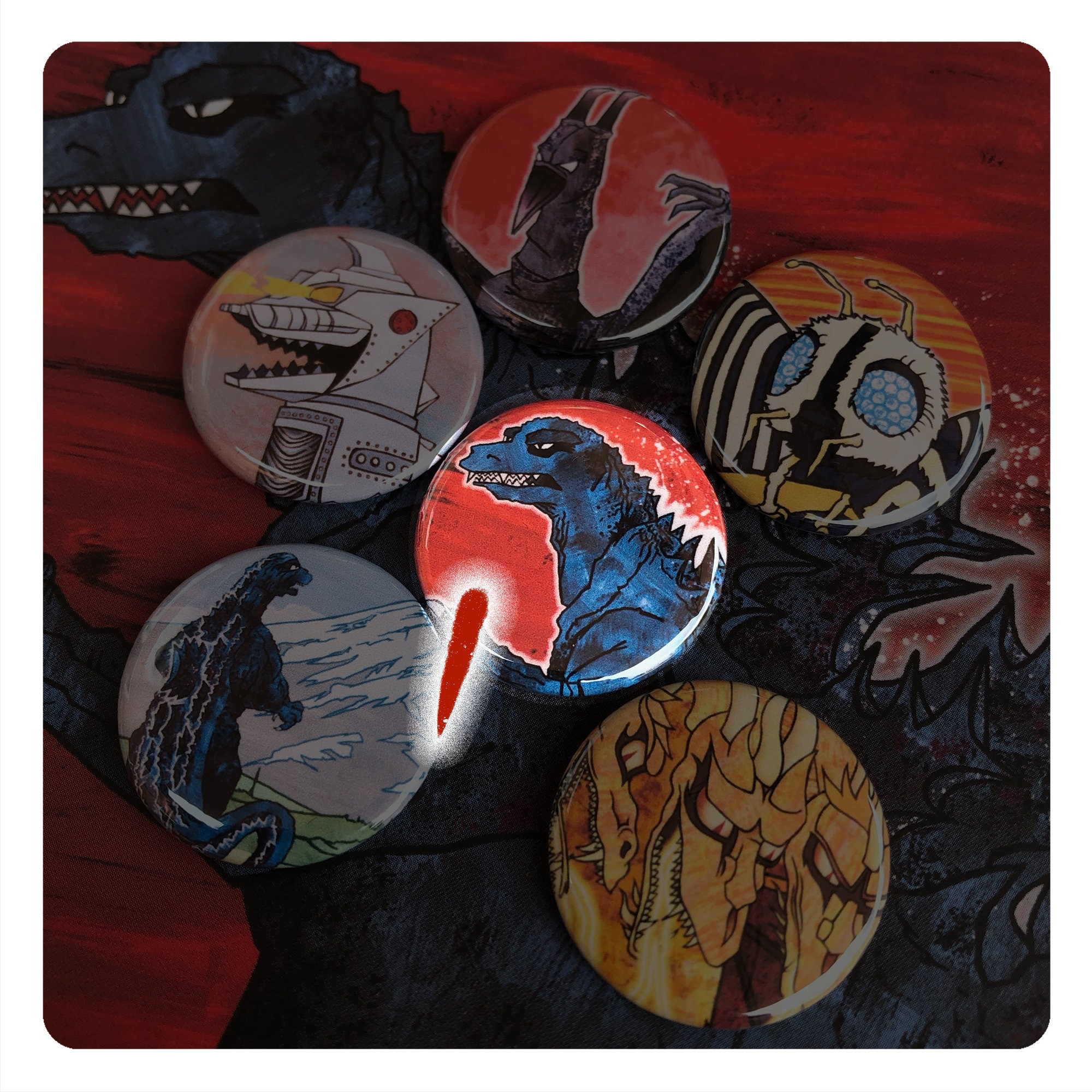 Godzilla badges 6 different designs // Gojira / Ghidorah / | Etsy