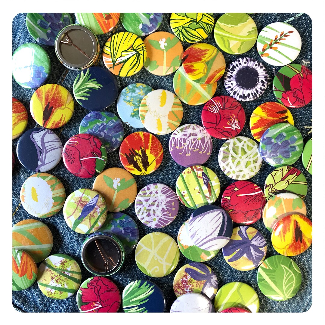 Flower and Botanical Illustration Badges Pack of 7 Badges / Pinback ...