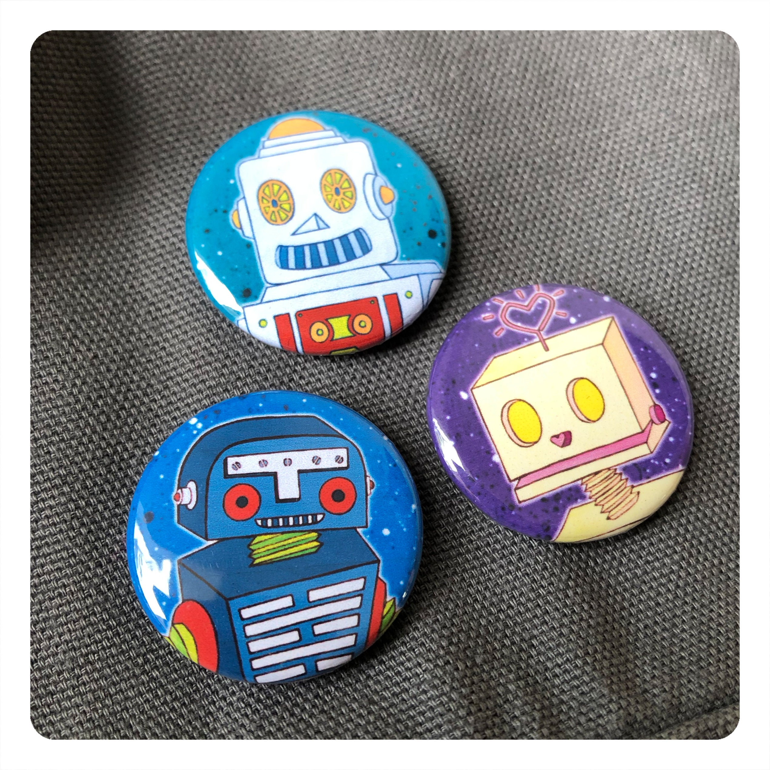 Retro Robots badges choose from 6 designs // pinback badges / button ...