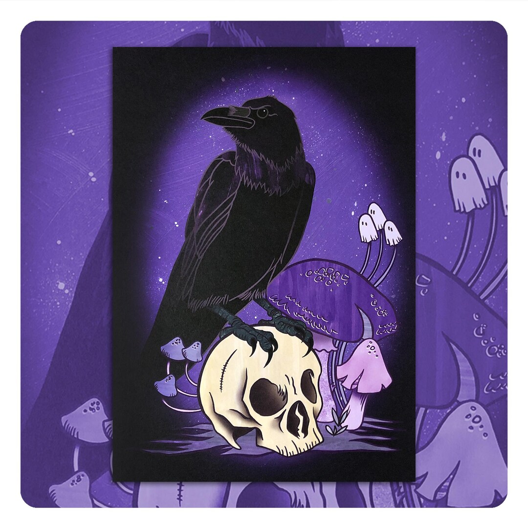 The Visitor - Raven, Skull and Mushrooms Illustration Print // Art ...