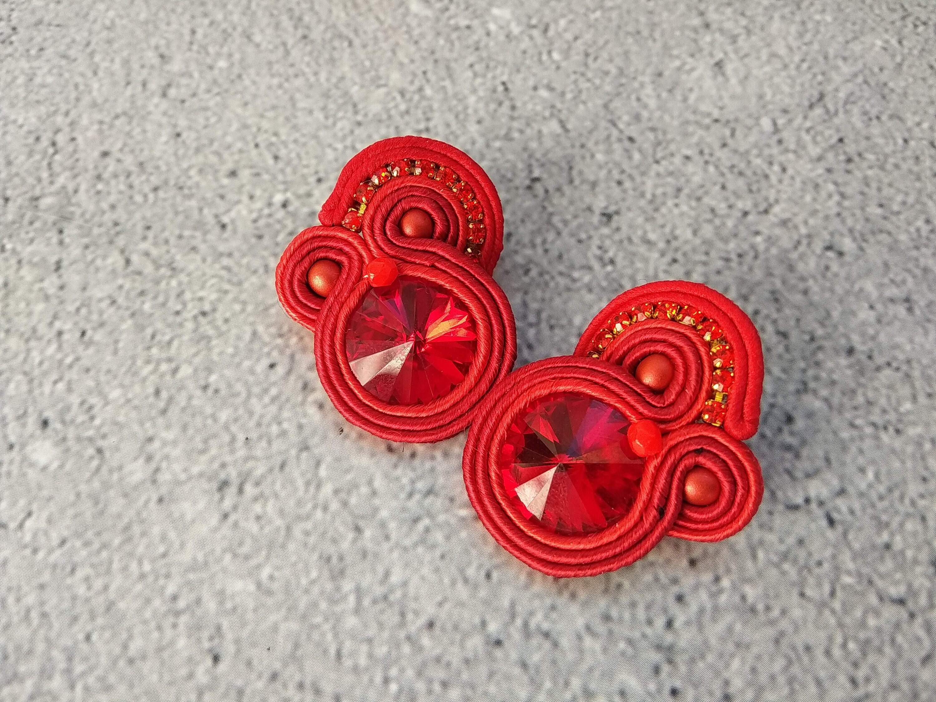 Red Soutache Embroidered Large Stud Earrings, Red Earring Prom, Red ...