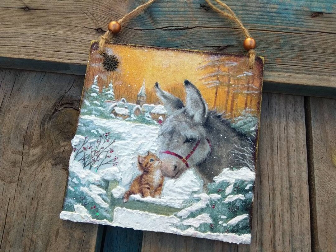 Donkey Winter Christmas Ornament, Donkey Cat Xmas Plaque, Hanging Xmas ...