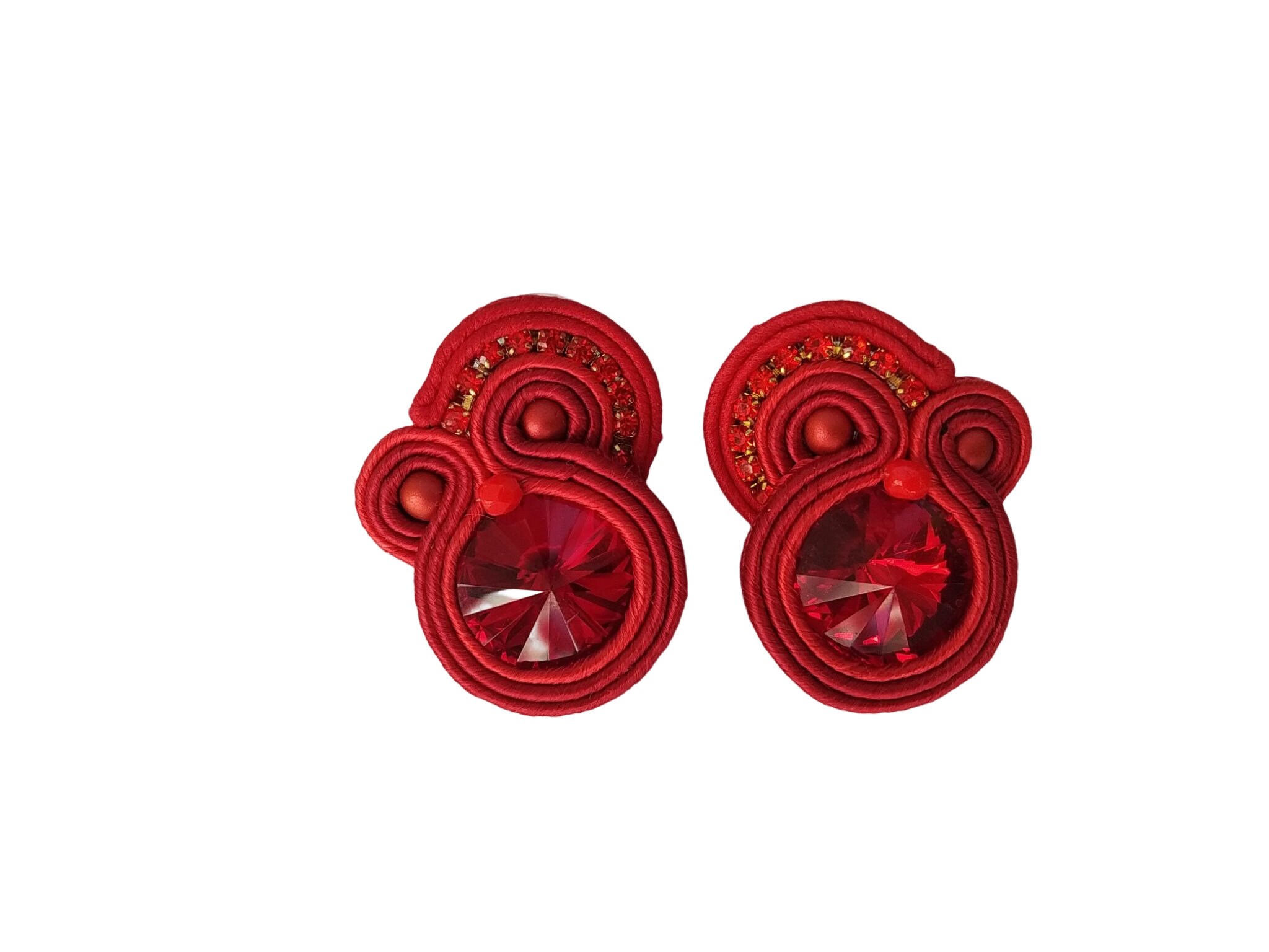 Red Soutache Embroidered Large Stud Earrings, Red Earring Prom, Red ...