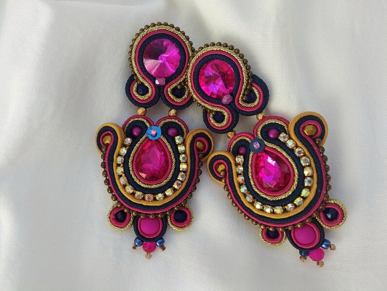 Statement Long Hot Pink Soutache Earring Navy Blue Gold - Etsy